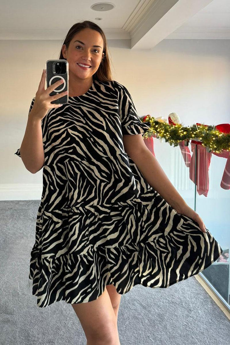 Zebra Smock Dress With Frill Sleeve – InTheStyle