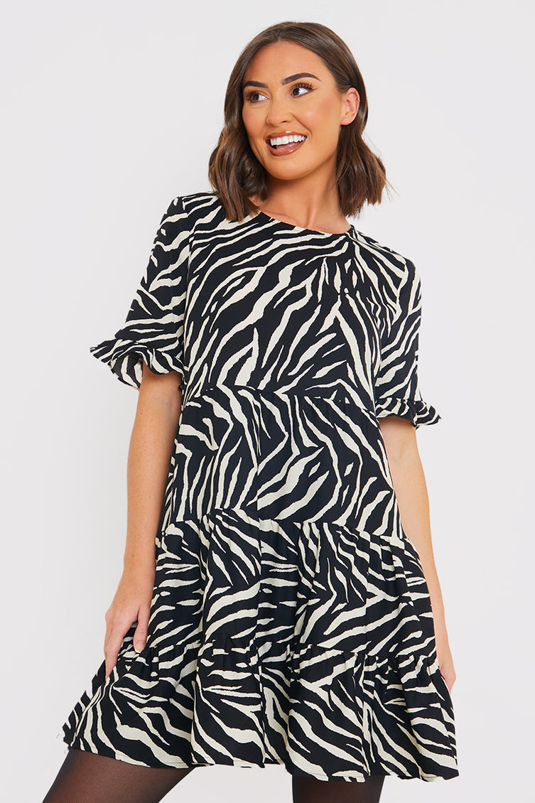 Zebra Smock Dress With Frill Sleeve – InTheStyle