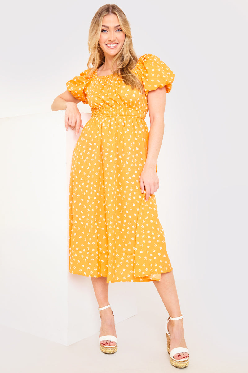 Ruched Bust Puff Sleeve Midi Dress With Shirred Waist – InTheStyle