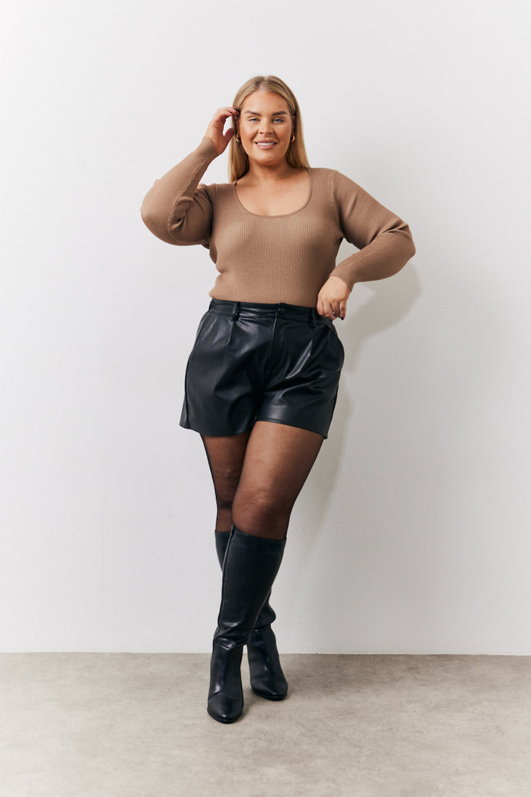 Camel Rib Knitted Scoop Neck Long Sleeve Top – InTheStyle