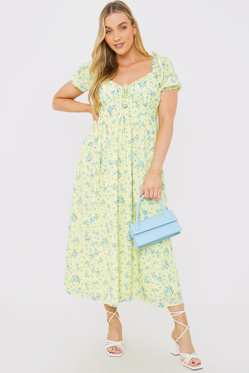 Printed Gathered Bust Puff Sleeve Midi Dress – InTheStyle