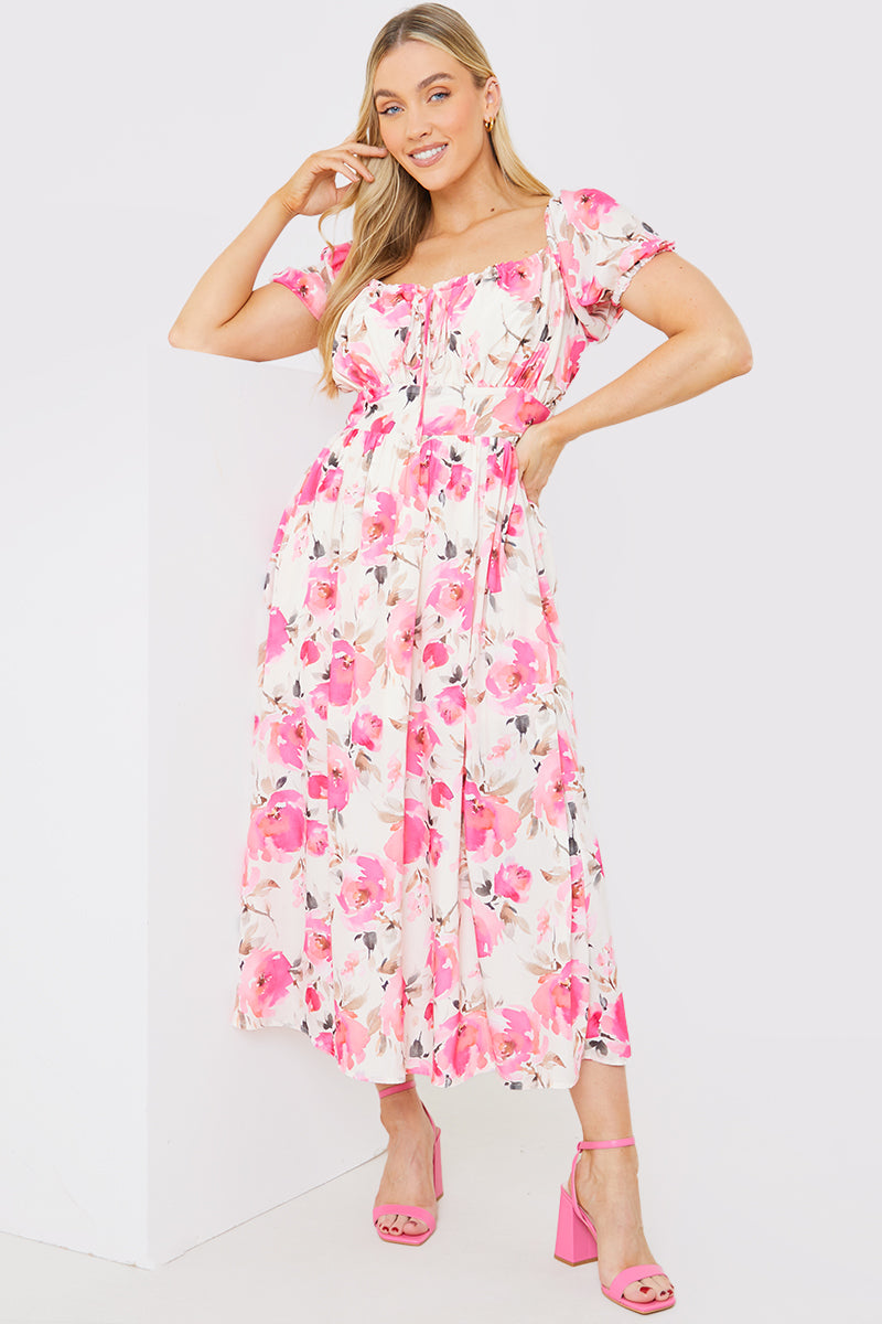 Printed Gathered Bust Puff Sleeve Midi Dress – InTheStyle