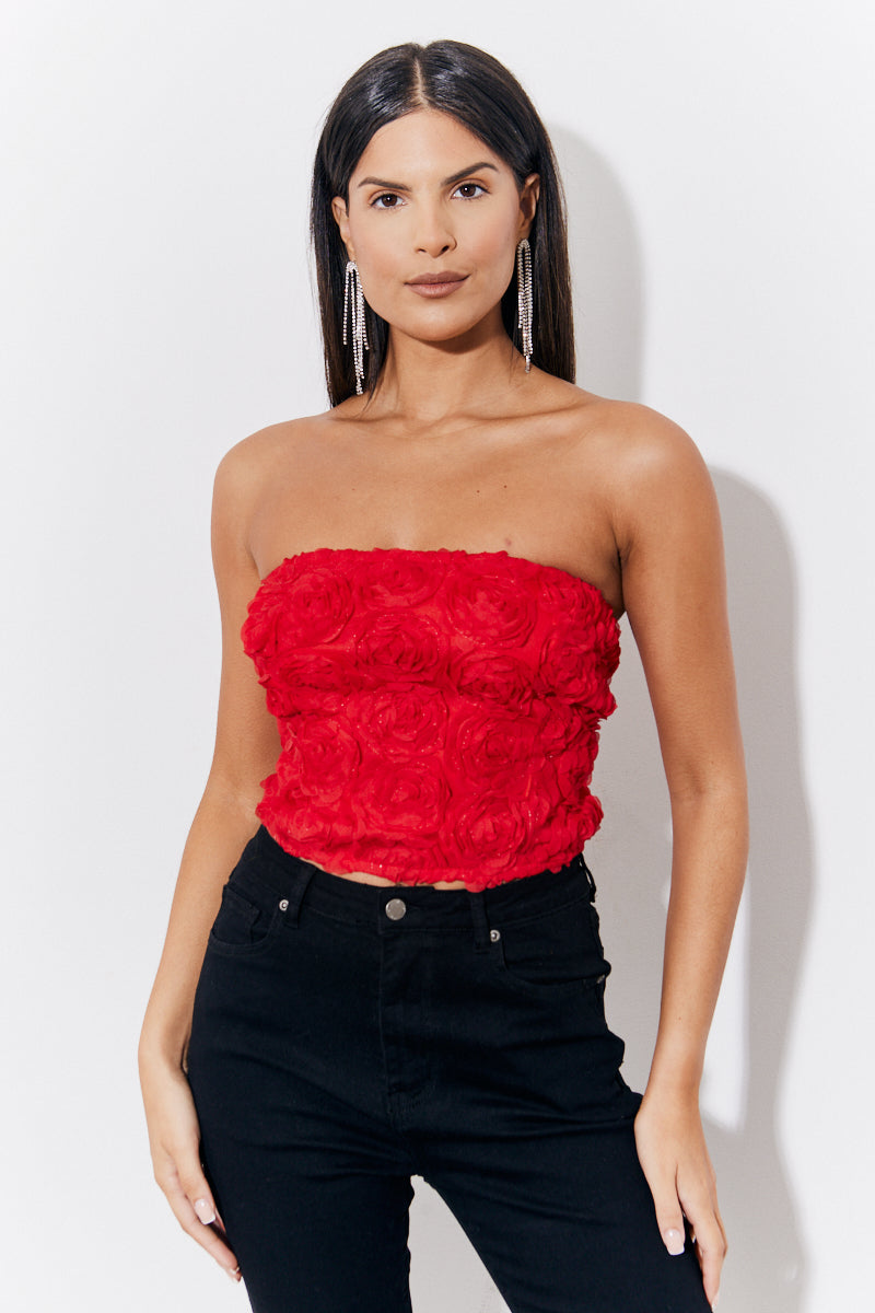 Red 3D Floral Bandeau Top – InTheStyle