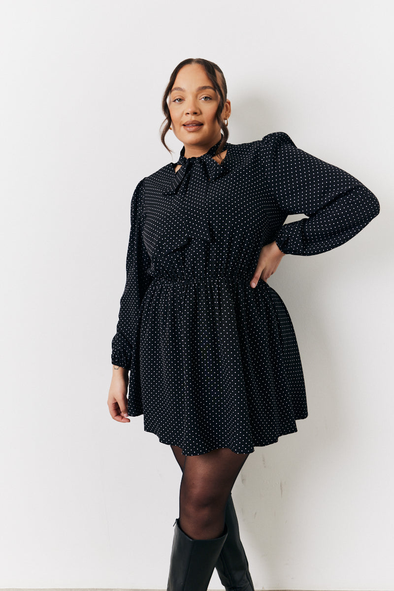 Black and White Polka Dot Mini Dress with Tie Neck – InTheStyle