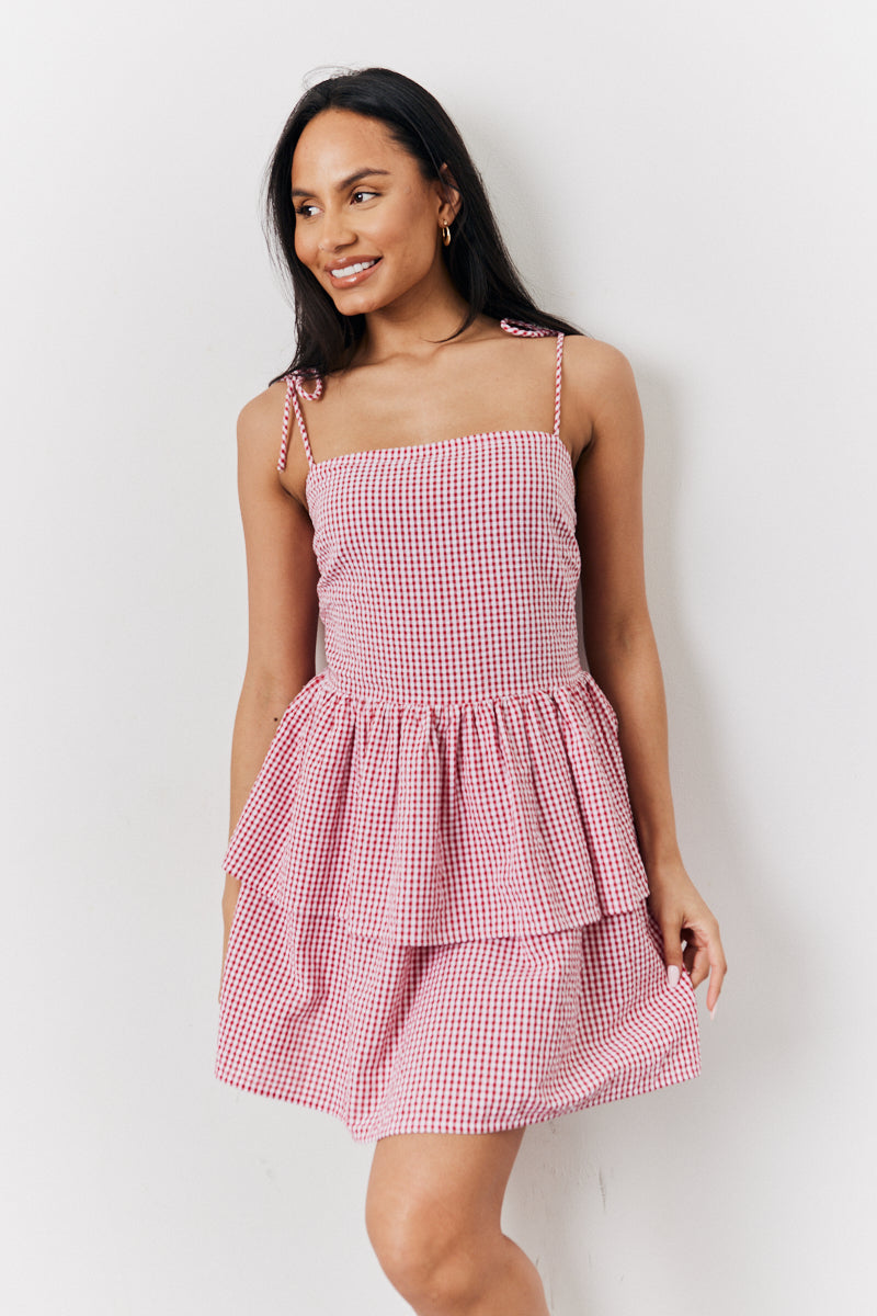 Red Seersucker Gingham Shirred Mini Dress – InTheStyle