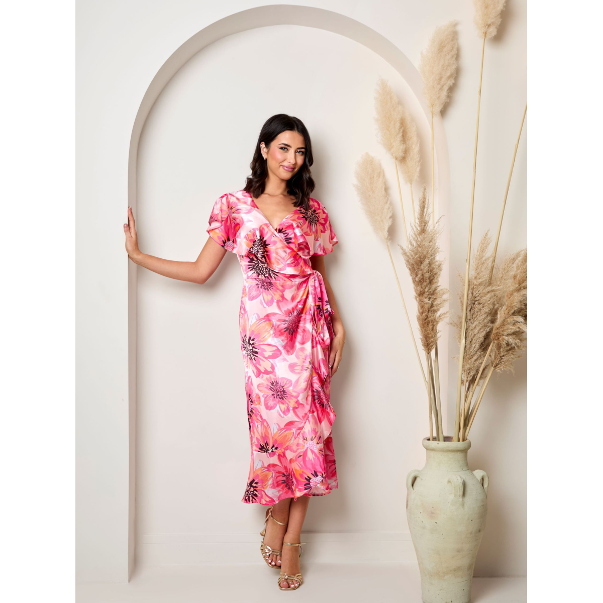 Chi Chi London Flutter Sleeve Satin Wrap Dress in Pink – InTheStyle