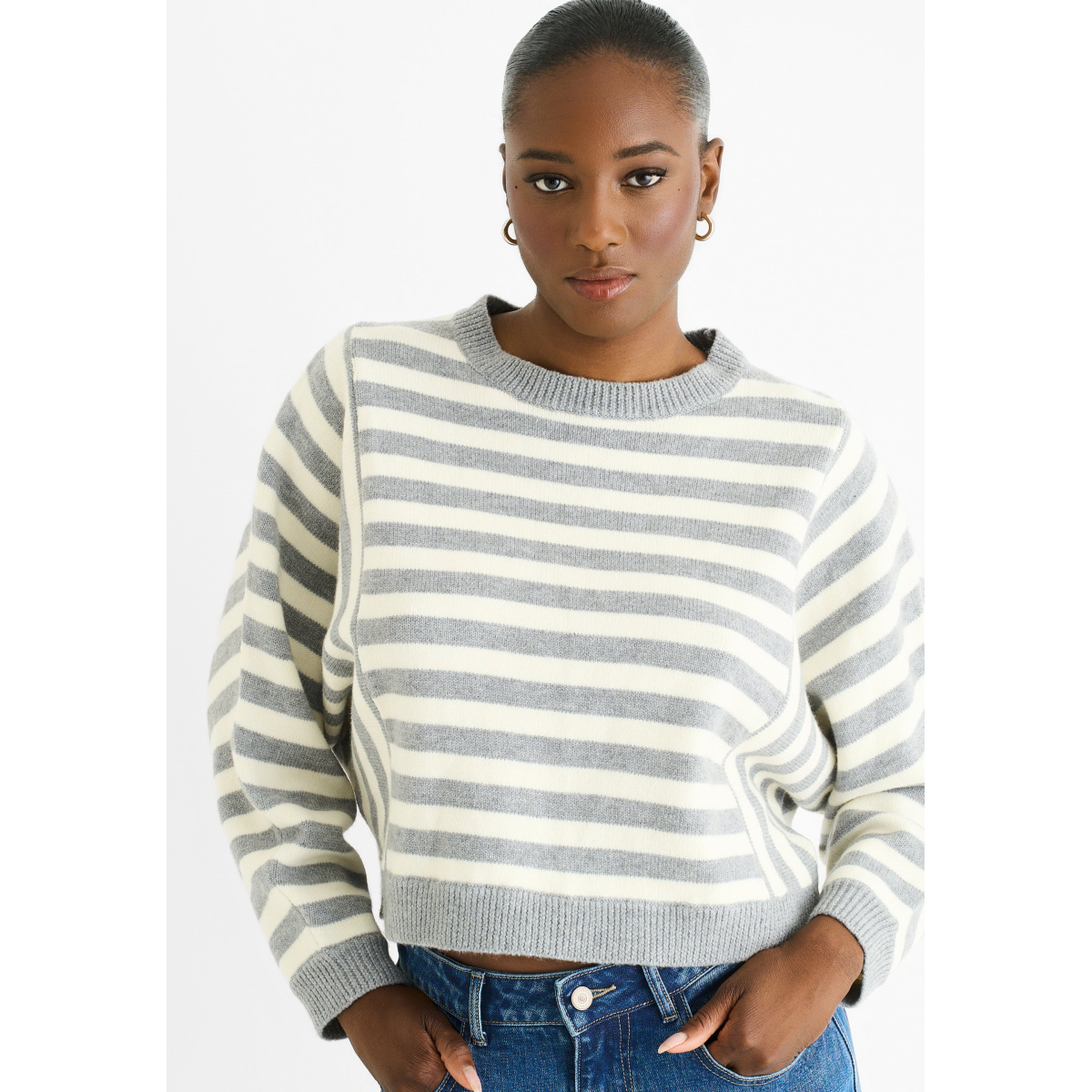 Grey Recycle Contrast Stripe Loose Fit Knit Jumper – InTheStyle