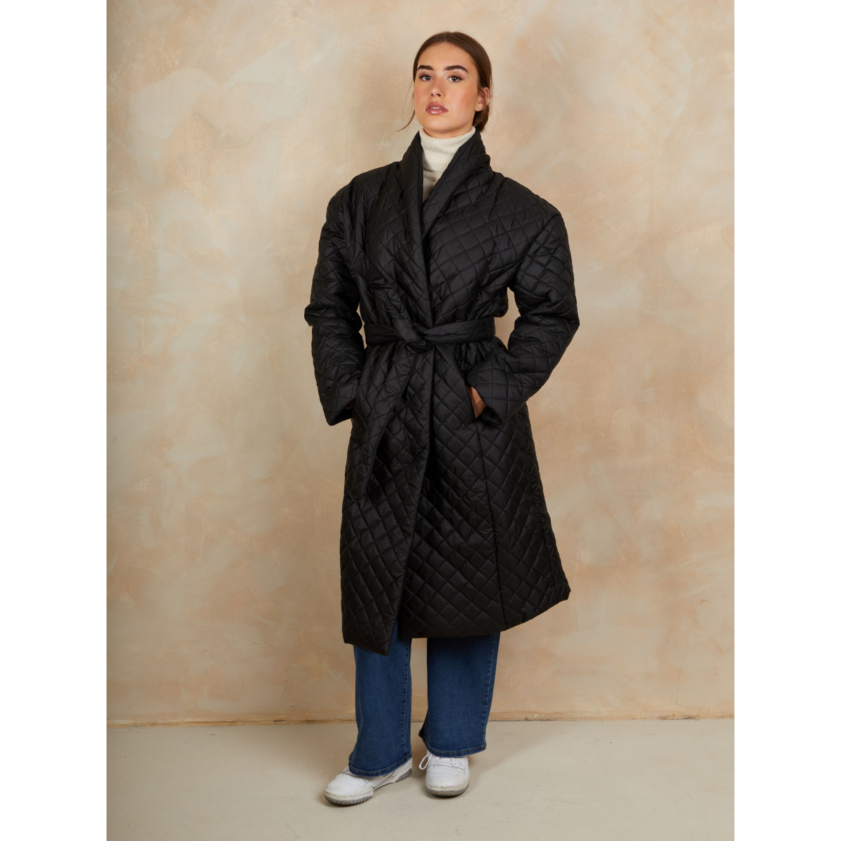 Diamond Quilted Longline Belted Coat in Black – InTheStyle