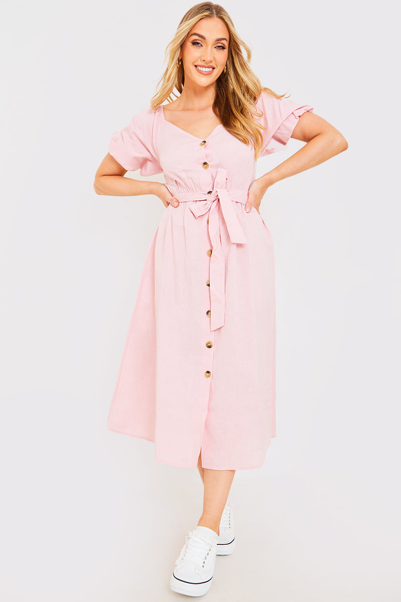 Organic Cotton Button Down Tie Waist Puff Sleeve Midi Dress – InTheStyle
